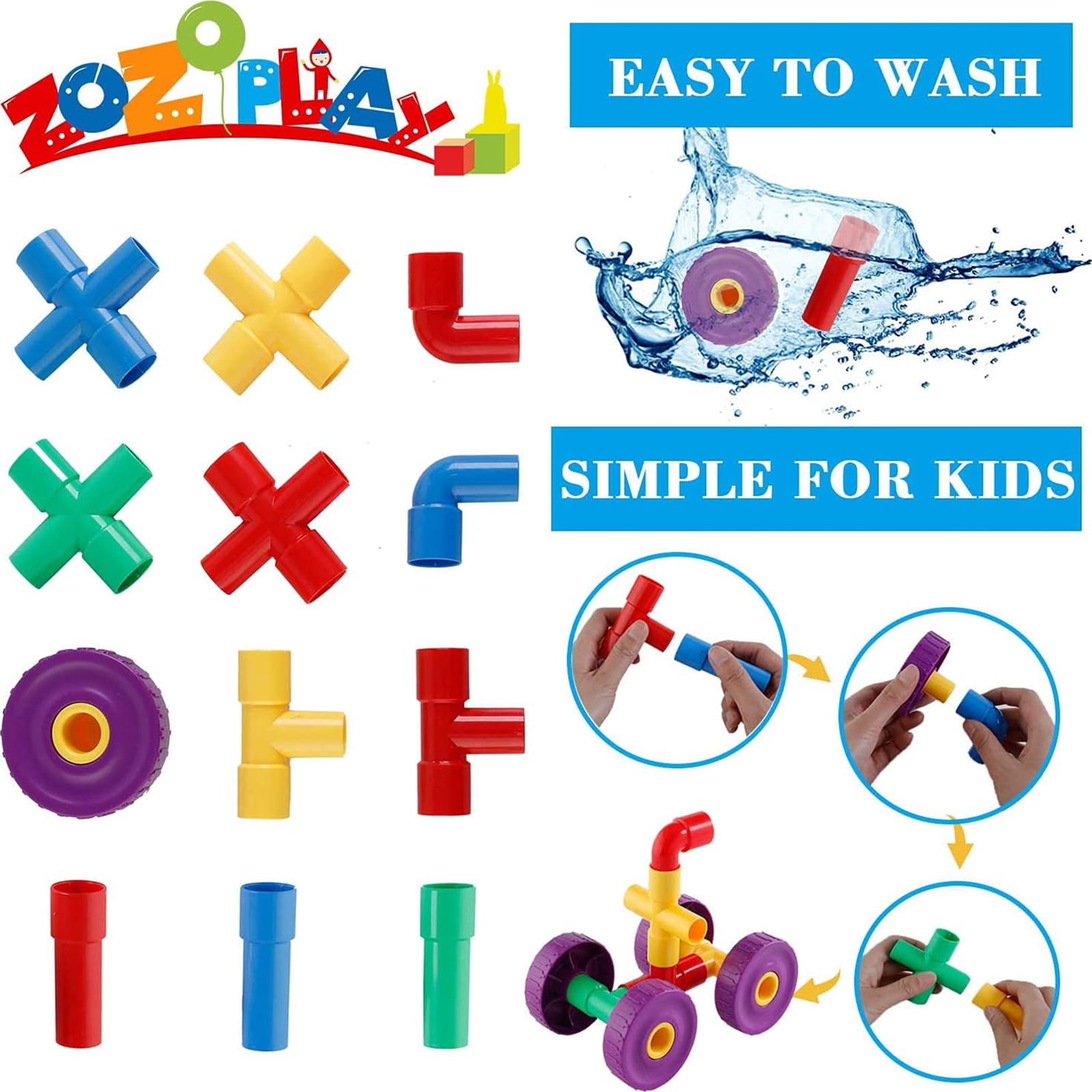 ZOZOPLAY STEM Learning Toy Tubular Pipes & Spouts & Joints 96 Piece Build Bicycle, Tank, Scootie, Moter Skills Endless Designs Educational Building Blocks Set for Kid Ages 3+ Multicolor