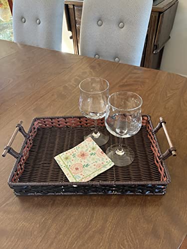 Rattan Tray - Woven Rectangular Serving Tray - Brown Weatherproof Decorative Tray for Indoor or Outdoor - Multifunction Ottoman Tray for Kitchen, Coffee Table - Outdoor Serving Tray - 10â x 15â x 2â
