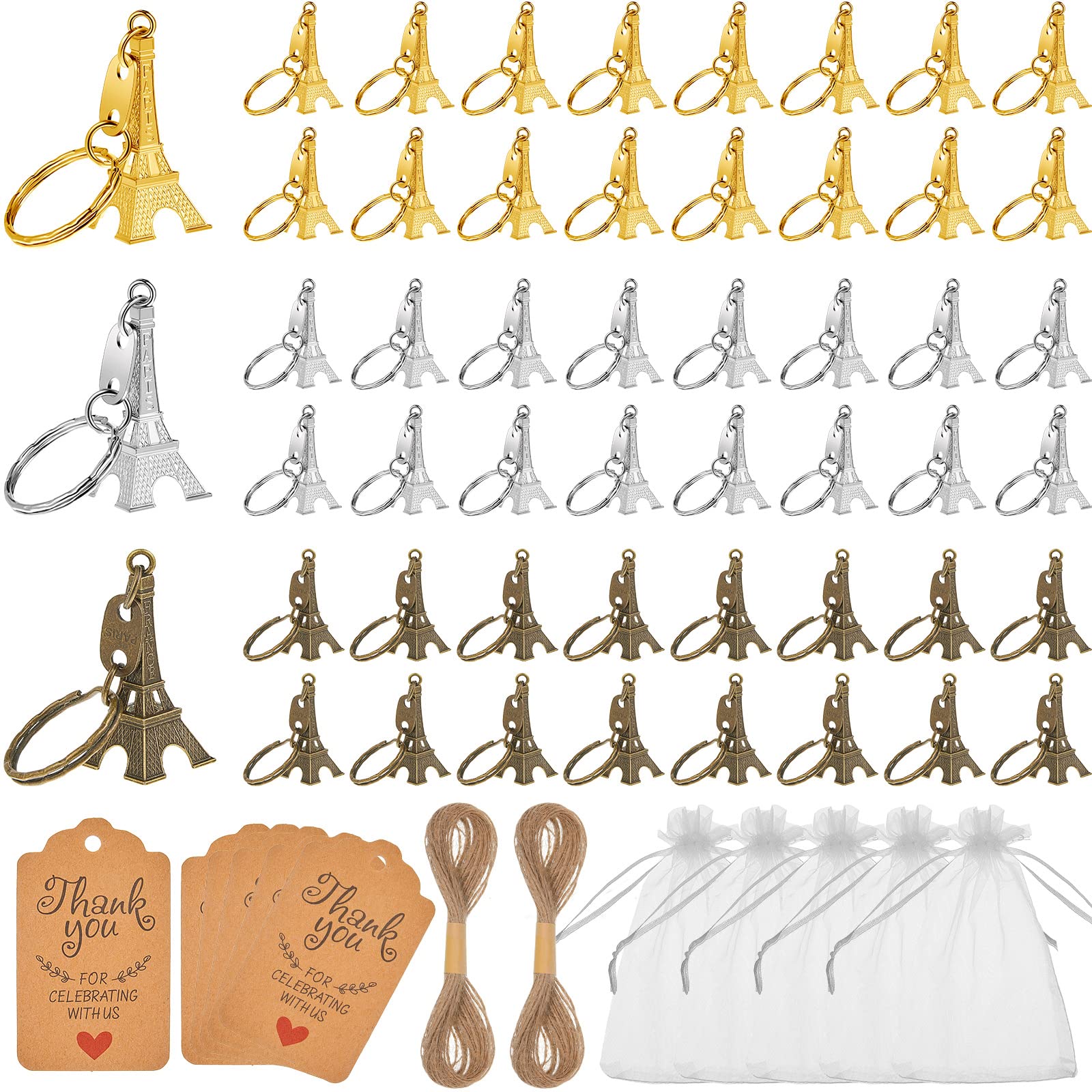 Paris Party Favors, with Eiffel Tower Keychain White Organza Bags Thank You Kraft Tags French Souvenirs Retro Adornment for Paris Theme Party Bridal Wedding(60 Sets)