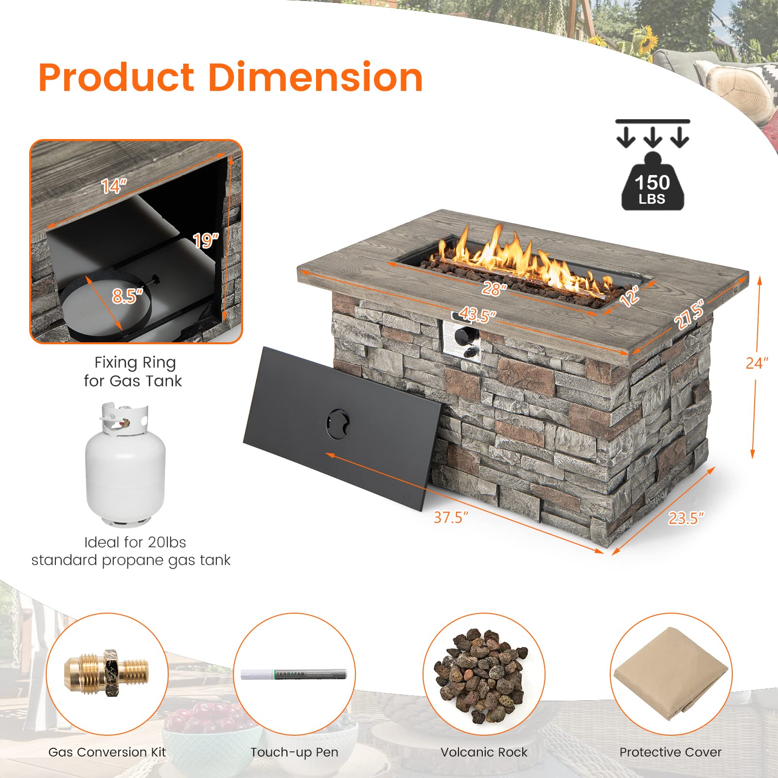 Giantex Propane Fire Pit Table - 2-in-1 Outdoor Rectangle Fire Table W/Volcanic Rock & PVC Cover, Stainless Steel Burner, 50,000 BTU Heat Output, Faux Stone Surface, 43.5β Gas Fire Pits for Outside