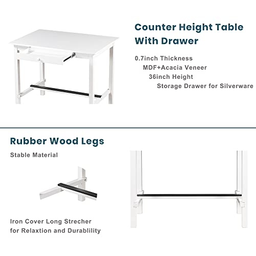 JIVOIT Counter Height 5-Piece Dining Table Set with 4 Upholstered Chairs, Solid Wood Casual Kitchen Set with 1 Storage Drawer, Save-Space Dining Table Set for 4 (White+Beige 001)