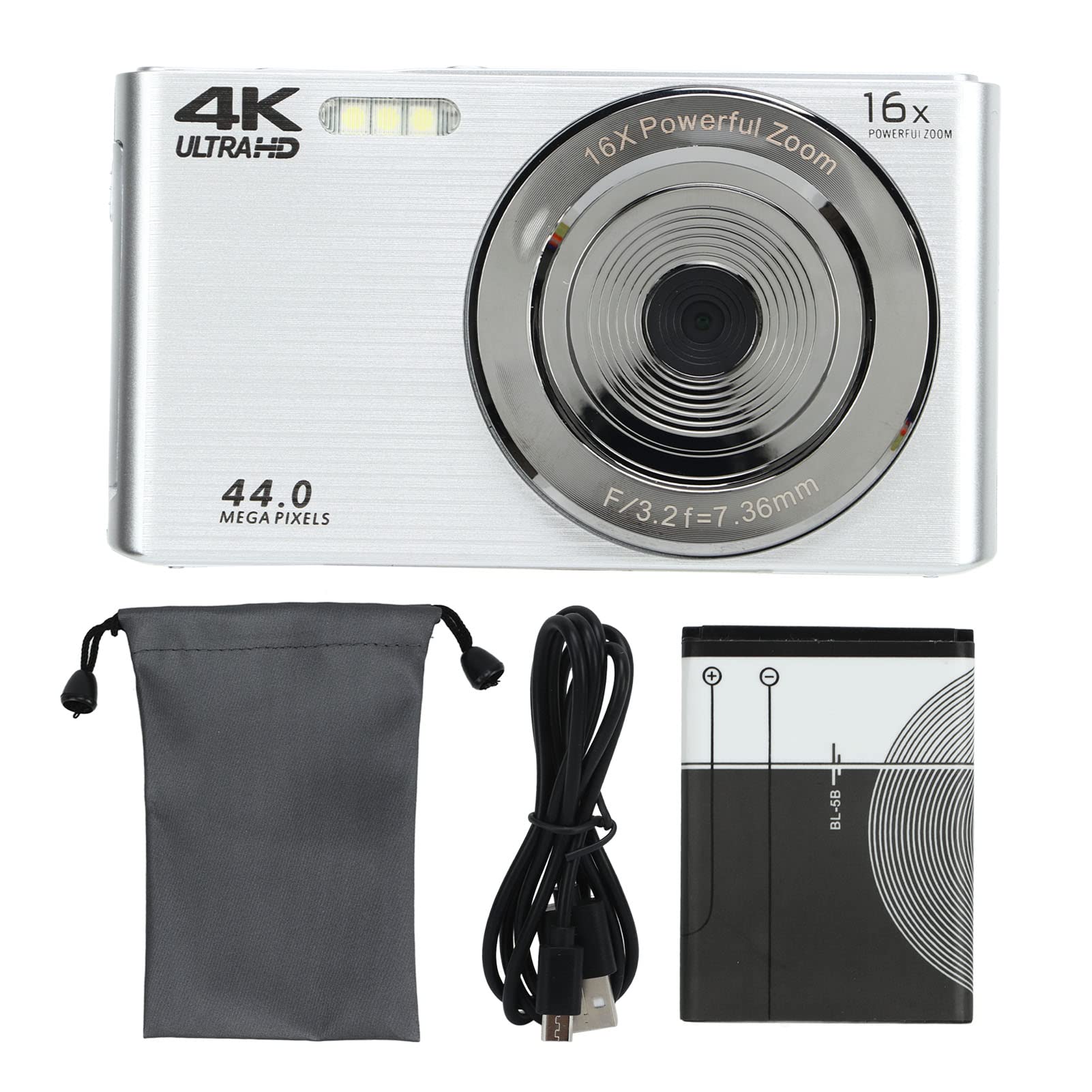 Digital Camera Vlogging Camera, 2.8in Screen 16X Digital Zoom Camera 44MP Photo 4K HD Video Camera, Built in Fill Light, USB Charging, 1200mAh, for Vlogger, Home, Travel (Silver)