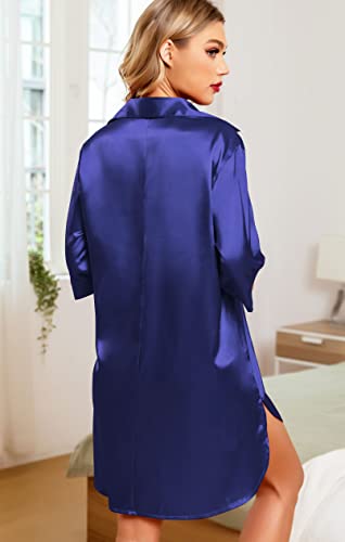 Samring Silk Satin Nightgowns For Women Button Down Pajamas Dress 3/4 Sleeve Sleepwear Navy Blue L