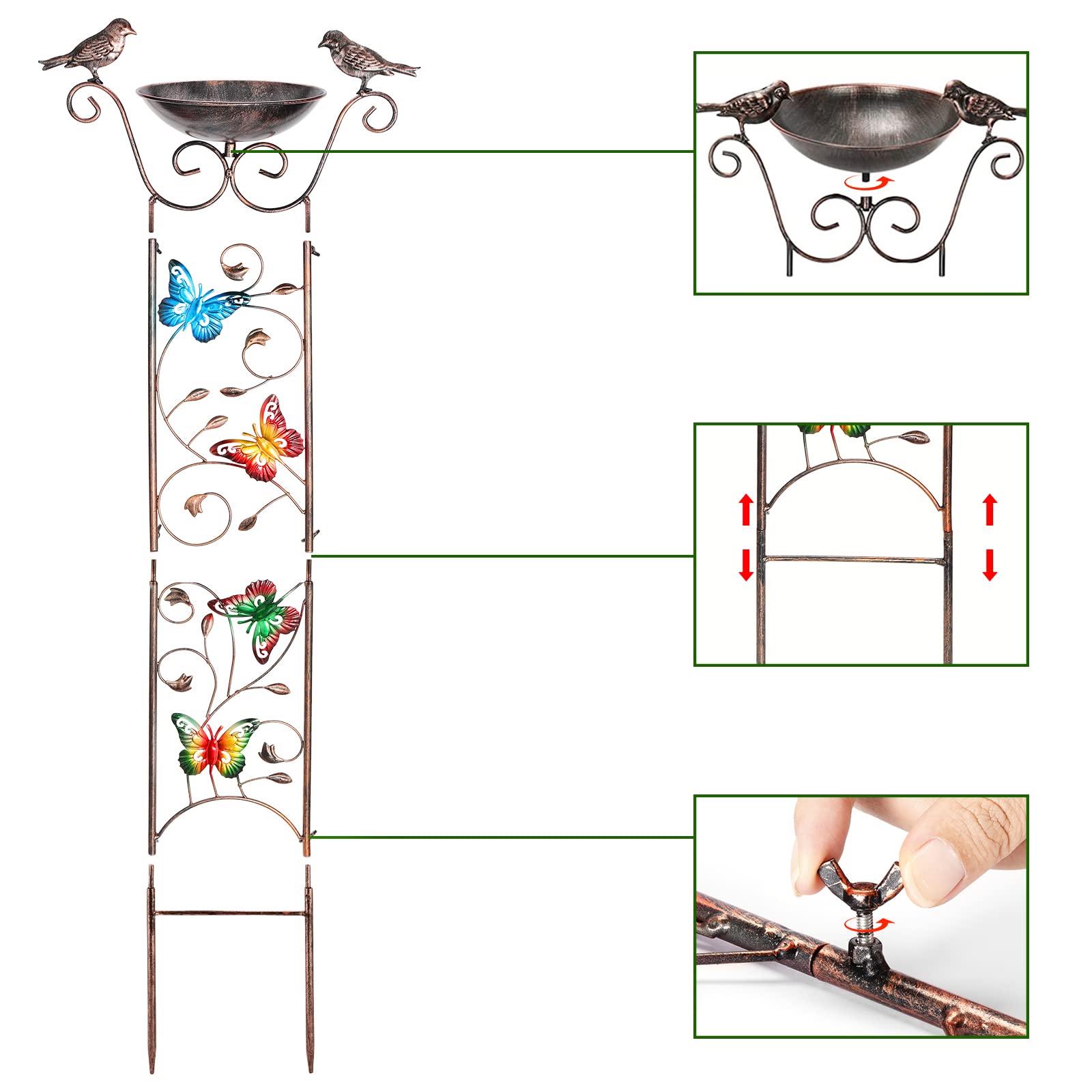 Desgully Bird Bath with Garden Trellis for Climbing Plants Outdoor, with Decorative Butterflies Free Standing Detachable Bird Feeder Bowl Bird Baths for Outdoors Antique Iron