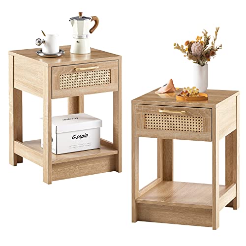 LETESA Rattan Nightstands Set of 2, with Rattan Decor Drawer and Open Shelf, Bed Side Tables with Solid Wood Feet, End Table, Night Stands, for Bedroom, Living Room (2, Natural-Square)