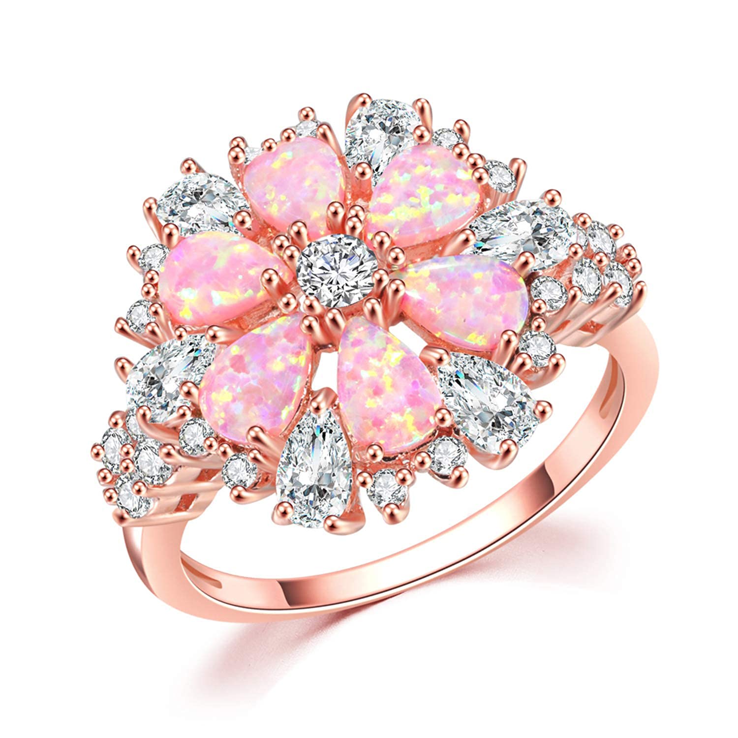 CiNily Flower Opal Ring-Pink Opal Cubic Zirconia CZ Ring 14K Rose Gold Plated Gemstone Promise Engagement Ring for Women (8)