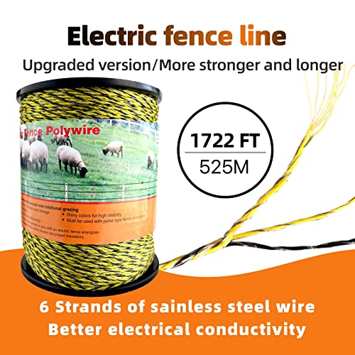 GGTYHAO Electric Fence Polywire Upgraded 1722 Feet,525 Meter,6 Stainless Steel Strands for Reliable Conductivity and Rust Resistance,Portable Electric Fence Rope
