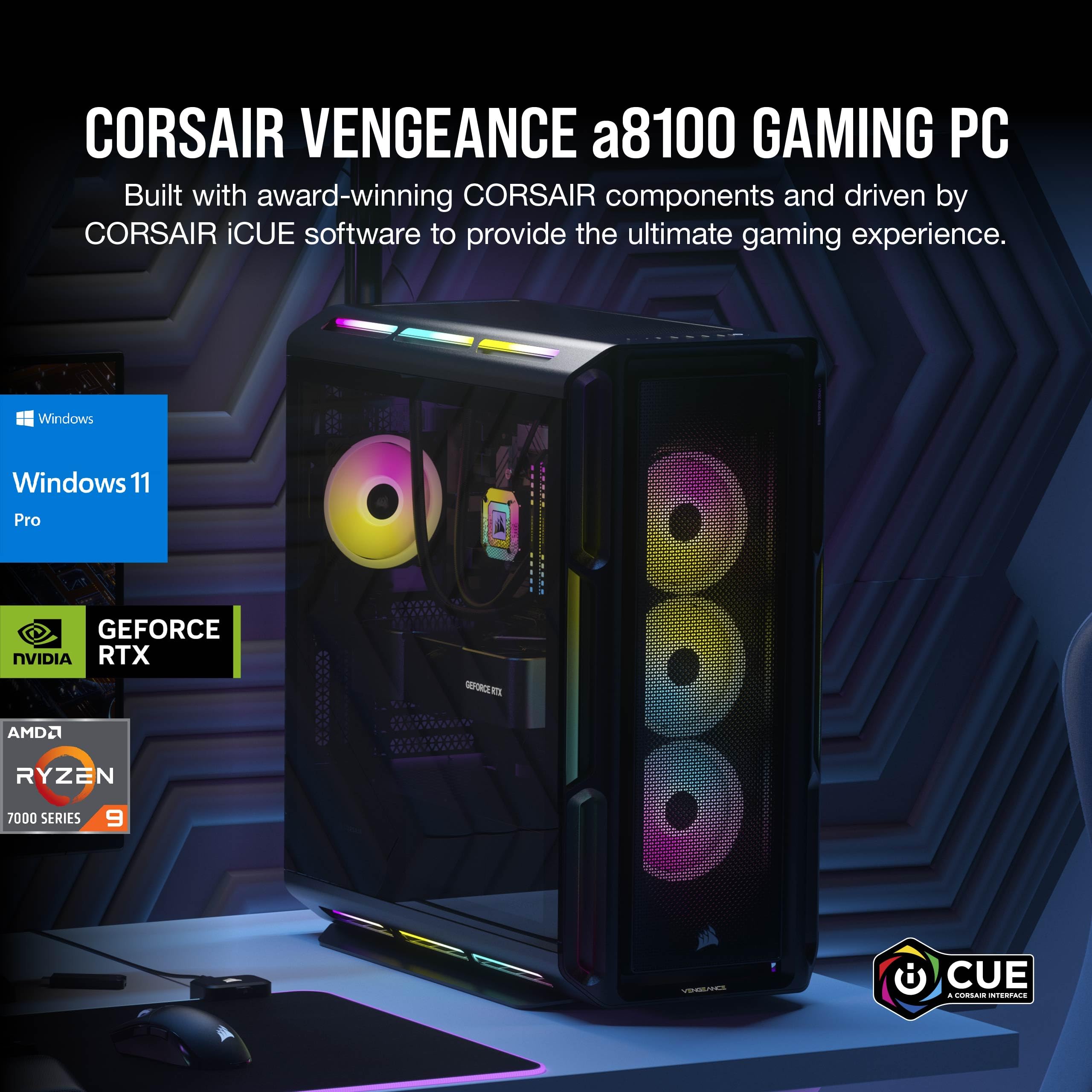Corsair Vengeance a8100 Series Gaming PC - Liquid Cooled AMD Ryzen 9 7950X CPU - NVIDIA GeForce RTX 4090 GPU - 4TB (2X 2TB) M.2 SSD - 64GB Dominator Platinum RGB DDR5 Memory - Black