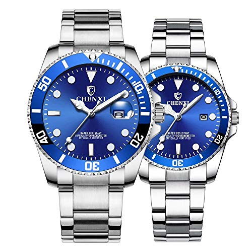 MASTOP Couple Watches Classic Golden Stainless Steel Watch His and Hers Waterproof Quartz Watch (Silver Blue)