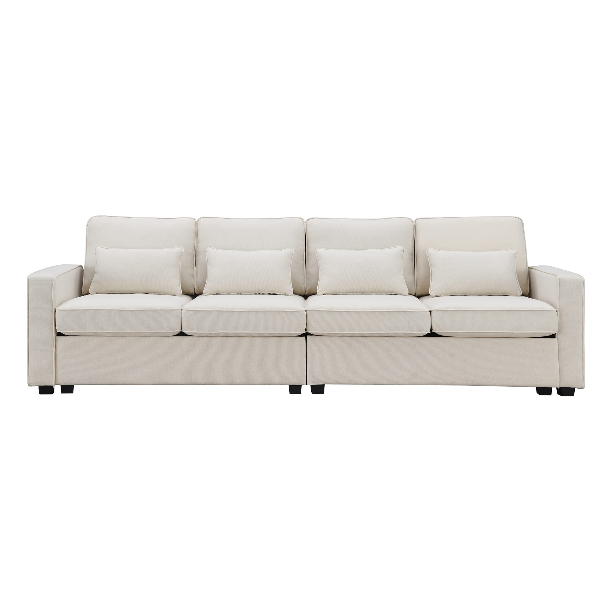 JHACOKO 4-Seater Modern Linen Fabric Sofa with Armrest Pockets and 4 Pillows, Minimalist Style Couch for Living Room, Apartment, Office, Beige