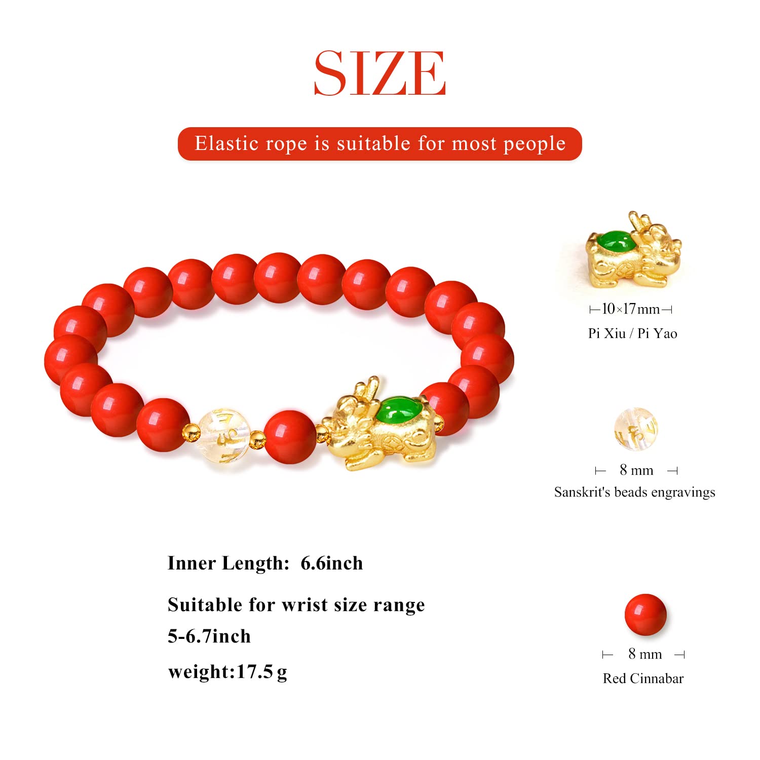 Feng Shui Bracelet 8MM Red Cinnabar Bracelet Attract Wealth and Good Luck Amulet Dragon Bracelet Prosperity Adjustable Elastic Beaded Bracelets