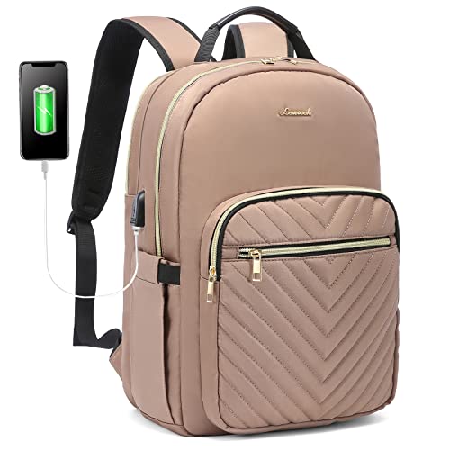 LOVEVOOK Laptop Backpack for Women 17.3 inch,Cute Womens Travel Backpack Purse,Professional Laptop Computer Bag,Waterproof Work Business College Teacher Bags Carry on Backpack with USB Port,Brown