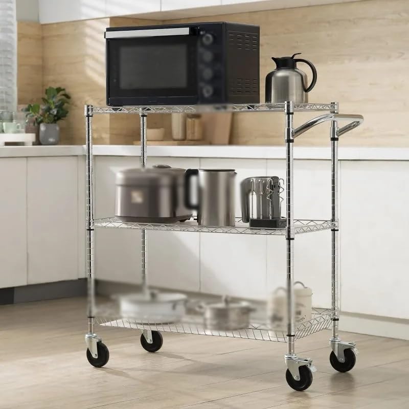DCOT Kitchen Utility Cart, 3 Tiers, Wire Rolling Cart with 661 LBS Capacity, Steel Service Cart on Wheels, Metal