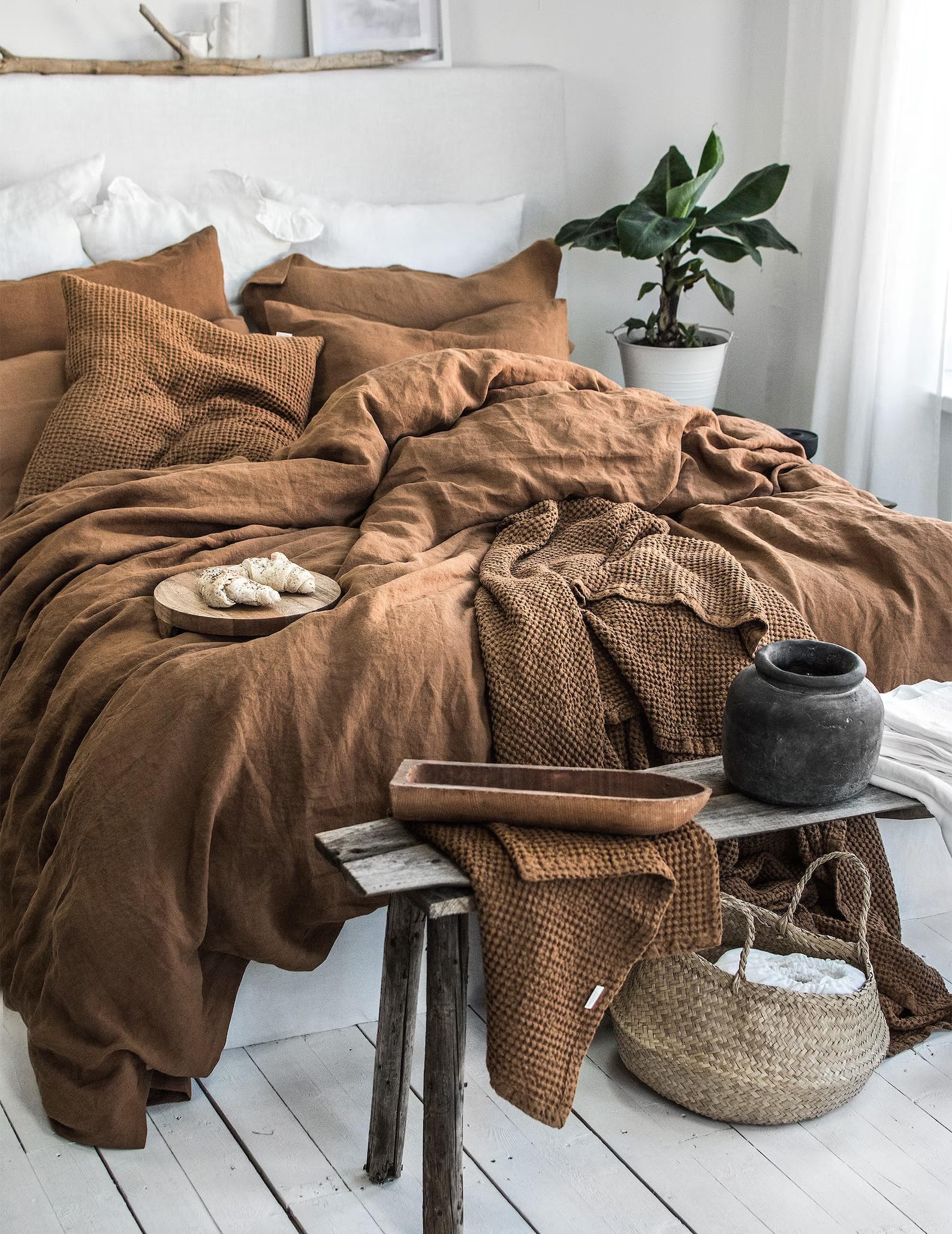 Linen Bedding Set in Tobacco, Duvet Cover and 2 Pillowcases Set, King, Queen, Twin, Full, Double, Single Size, Tobacco Brown Linen Bedding (King-90X104)