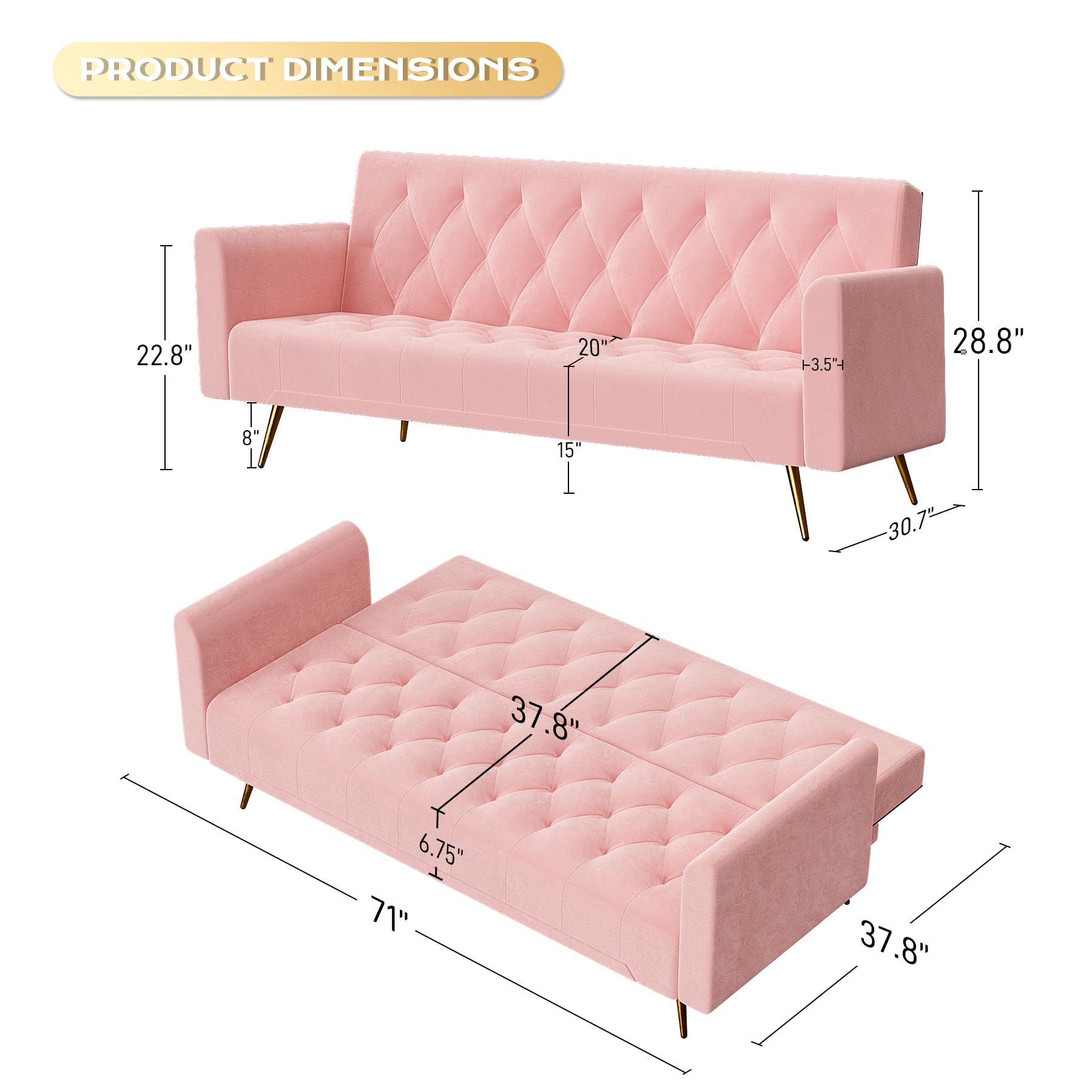 DAMAIFROM 71" Velvet Futon Sofa Bed, Modern Convertible Sleeper Sofa Loveseat, Tufted Futon Couch with Metal Legs for Small Living Room Office Bedroom, Pink