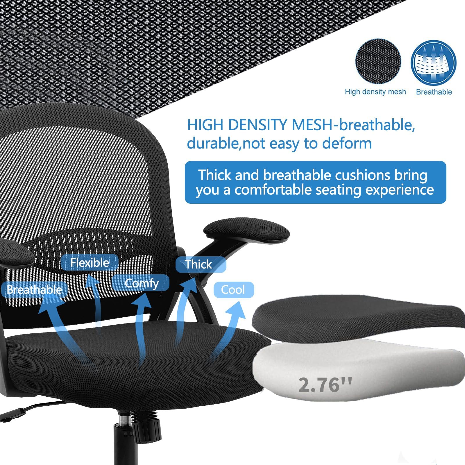 Office Desk Chair, Ergonomic Mesh Office Task Chairs, Mid-Back Computer Desk Chair with Wheels, Flip-up Arms Comfortable Lumbar Support for Home Study, Black