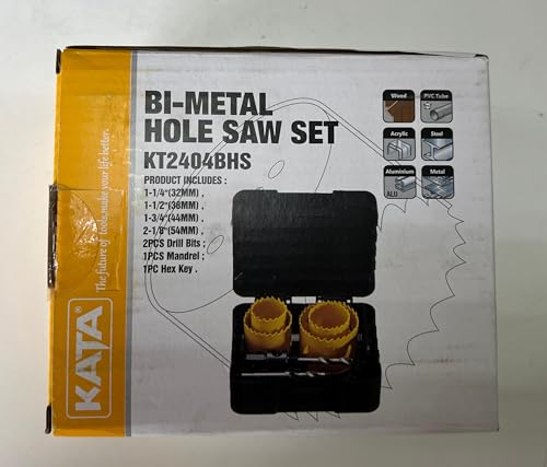 KATA Bi-Metal Hole Saw Kit, 7-Piece Metal Hole Saw Set with 1-1/4" to 2-1/8"(32-38-44-54mm) Hole Drill Cutter with Mandrels, Drill Bit, Hex Key for Metal, Wood, PVC, Plastic