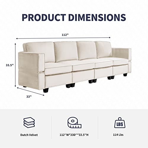 ZAFLY Sectional Sofa, 4 Seat Convertible Modular Beige Couch with Adjustable Backrest and Armrests I Shaped Sleeper Comfy Couch for Living Room