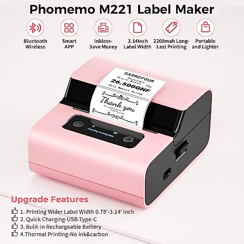 Phomemo Label Maker, Pink M221 Upgrade Barcode Label Maker, Portable Bluetooth Thermal Inkless Label Printer for Phomemo Labels, Small Business, Clothing, Address, Mailing, Support Phone& PC