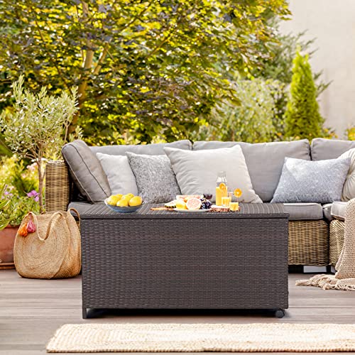 Giantex Outdoor Wicker Storage Box - 50 Gallon PE Rattan Storage Container with Lid, Waterproof Liner, Universal Wheels, Deck Storage for Pillows, Cushions, Gardening Tools, Mix Brown