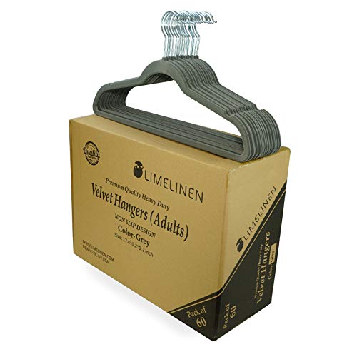 LimeLinen Velvet Hangers - Heavy Duty Non Slip - Coat Suit Hangers (60pcs/Box, Grey)