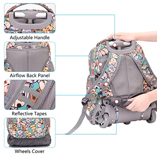 NEW TILAMI 16 Inches Rolling Backpack, Boys&Girls Wheeled Backpack School Travel Student Bag Kids Rolling Backpack, Cat