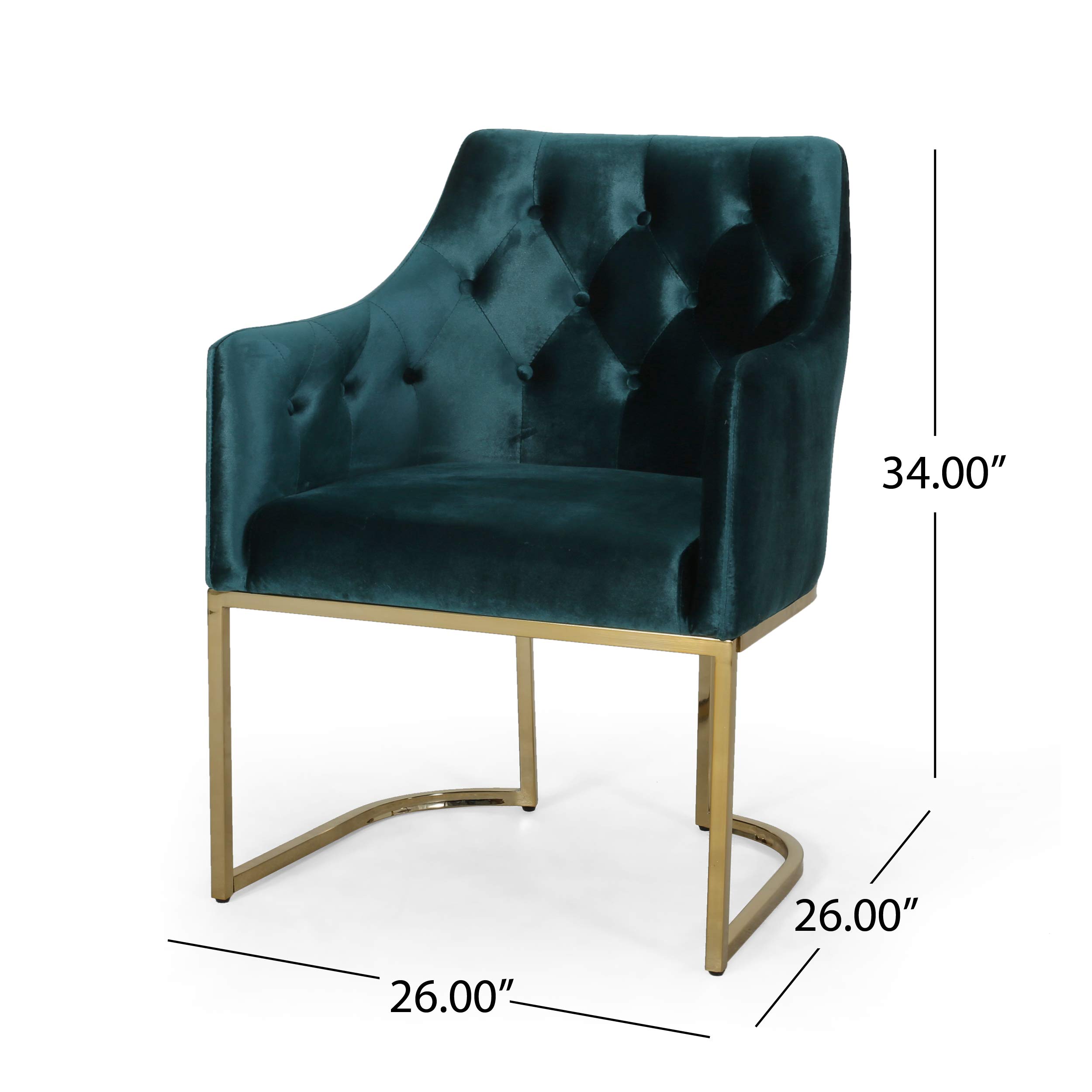 Christopher Knight Home Fern Modern Tufted Glam Accent Chair with Velvet Cushions and U-Shaped Base, Teal Finish, Black, Rose Gold 26D x 26W x 34H in