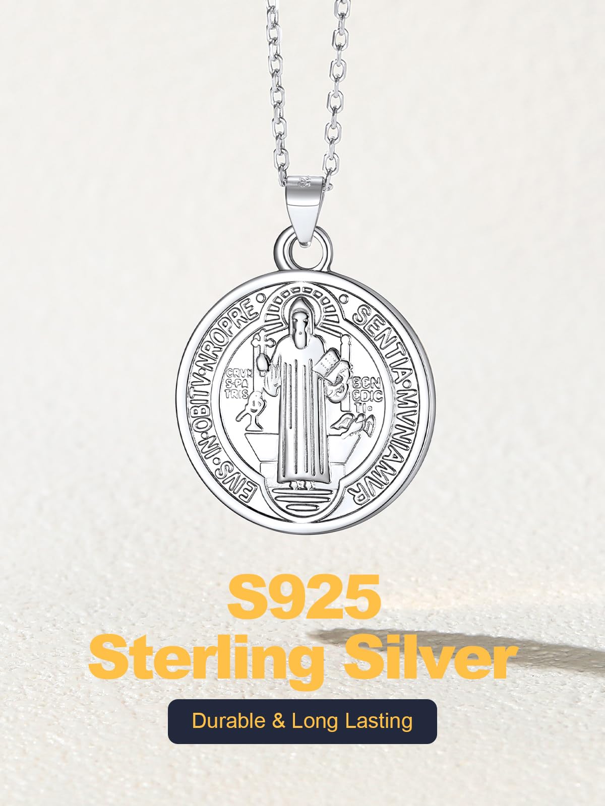 U7 Men Women St Benedict Necklace 925 Sterling Silver Round Medal Protect Saint Nursia Benedict Pendant and Chain 18 Inch