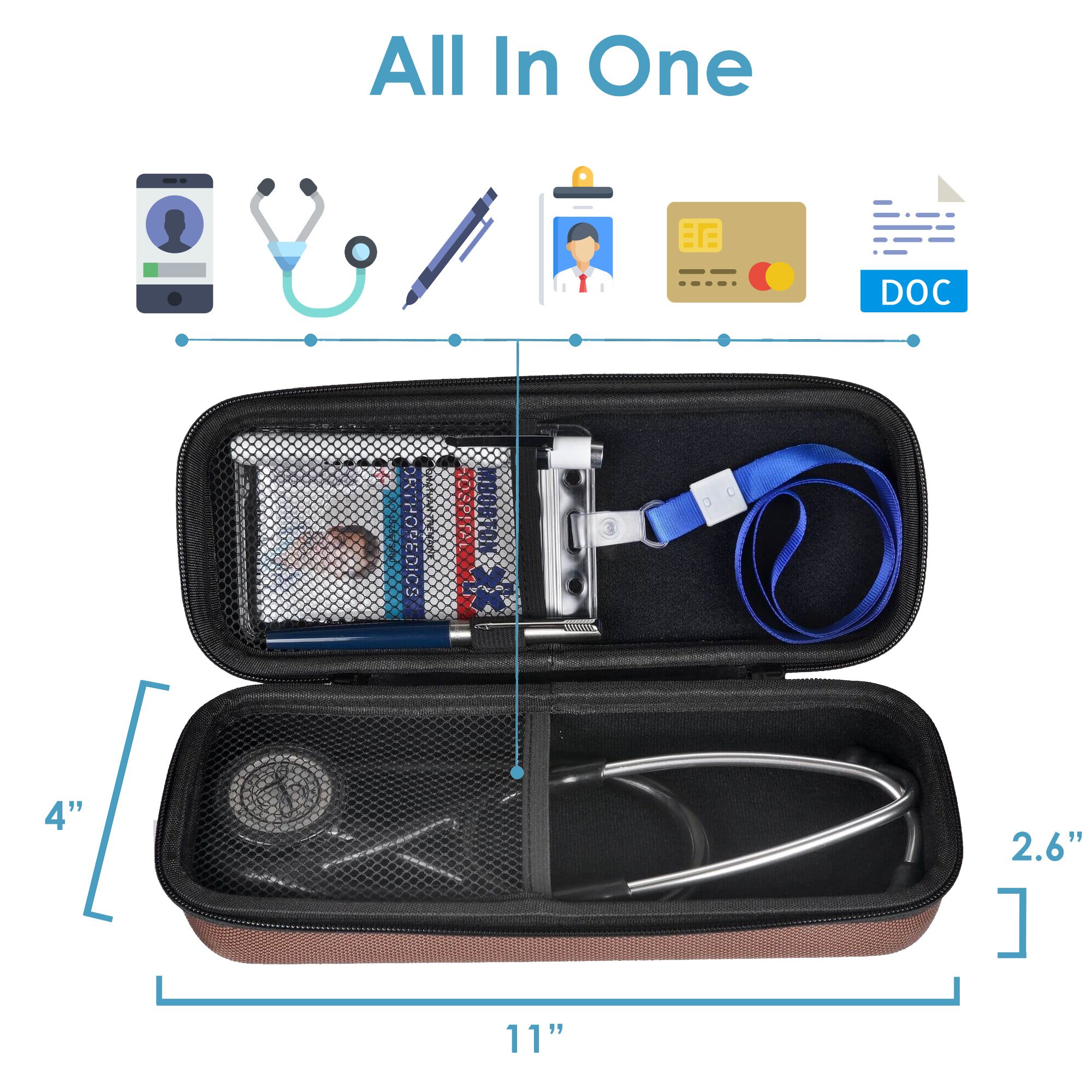 Ryzu Stethoscope Brown Hard Case - Dual Mesh Pockets โ Velvet Lining - Durable - Compatible with Littmann and Most Brands
