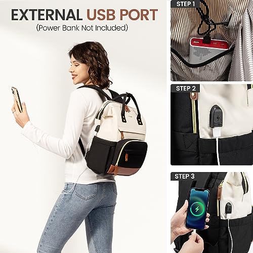 LOVEVOOK Laptop Backpack Purse for Women, Nurse Work Business Travel Backpack Bag, Wide Open Backpack, Lightweight Water Resistent Daypack with USB Charging Port, 15.6 inch, Beige-Black-Brown