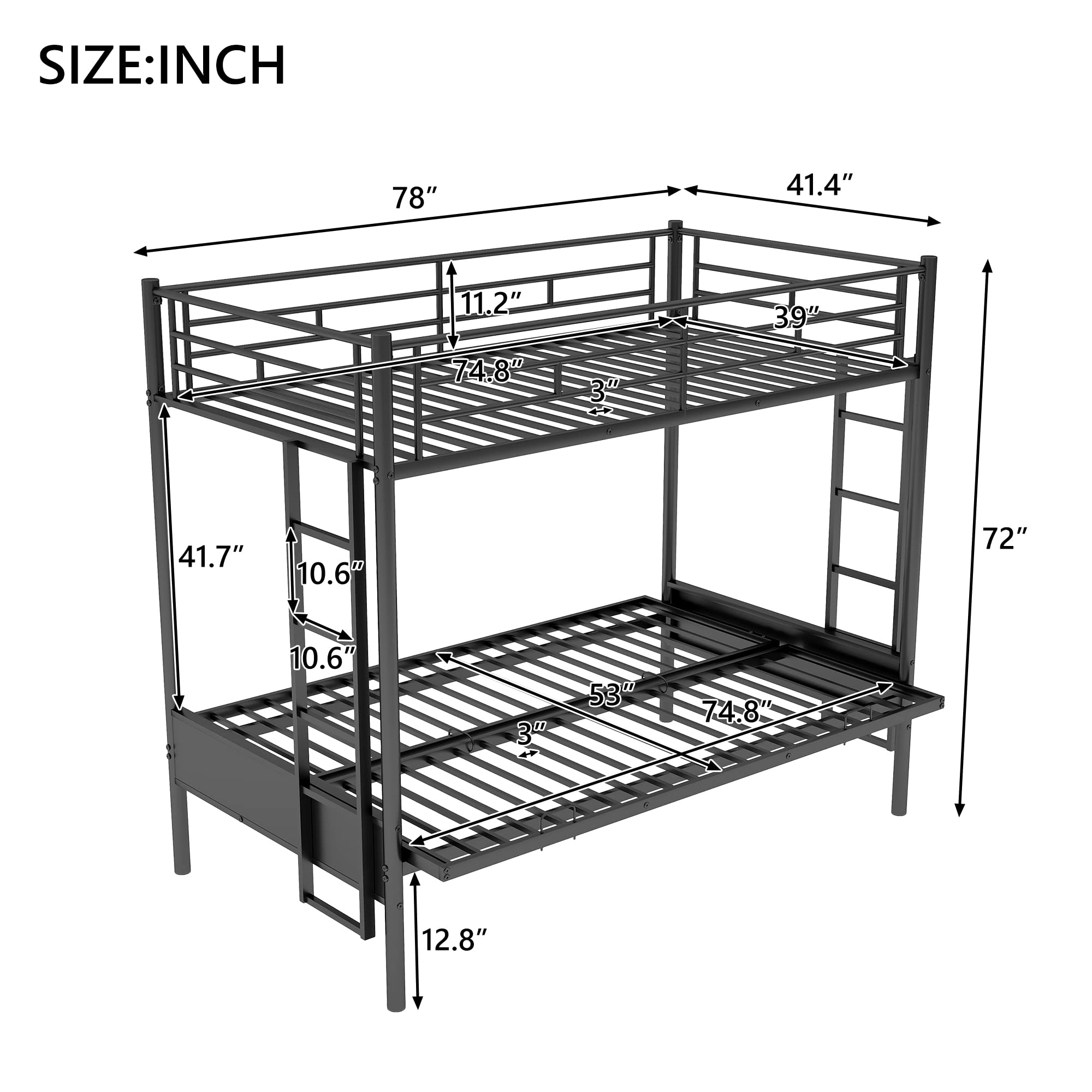 SOFTSEA Twin Over Full Metal Bunk Bed Industrial Style Twin Over Futon Bunk Bed for Kids (Futon Bunk)