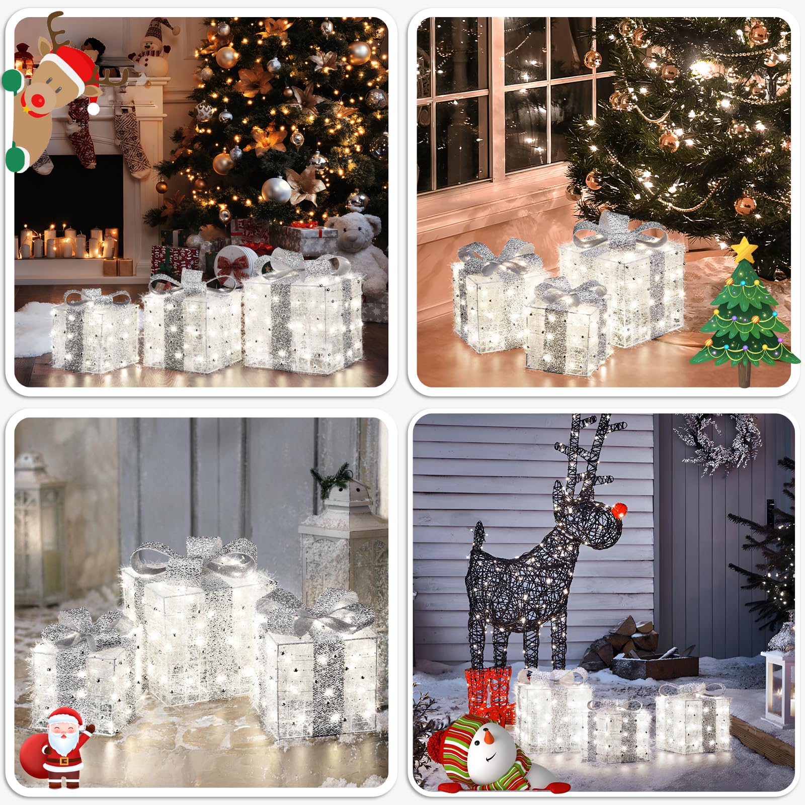 Christmas Lighted Gift Boxes, 140 LEDs Light Up Presents Christmas Decor, 8 Modes & Timer Function Plug-in Lighted Christmas Boxes, Set of 3 Christmas Decoration for Xmas Holiday Party Indoor Outdoor