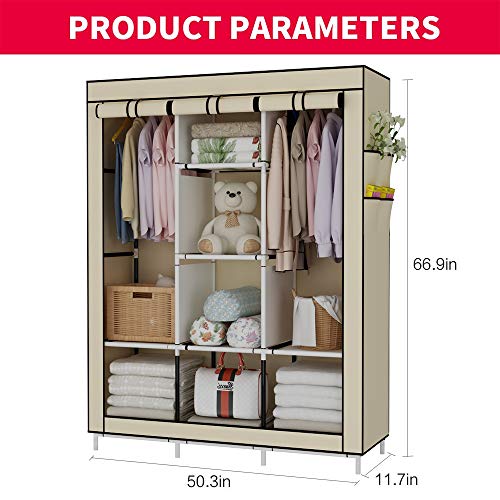 UDEAR Portable Wardrobe Closet Clothes Organizer No-Woven Fabric Cover with 6 Storage Shelves, 2 Hanging Sections and 4 Side Pockets,Beige