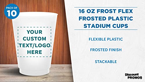 Custom Frosted Plastic Stadium Cups, 10 pack, Promotional Text, Logo, 16 oz. Shatterproof Flexible Reusable Party Cups, Pearl White