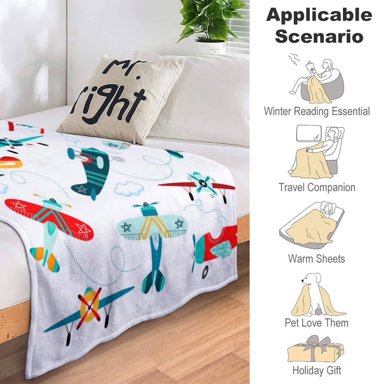 MIBDDK Cute Airplane Blanket Throw Aircraft Blankets for Kids Toddler Boys Adults Gifts Bedding Decor Bed Bedroom 50"X40"