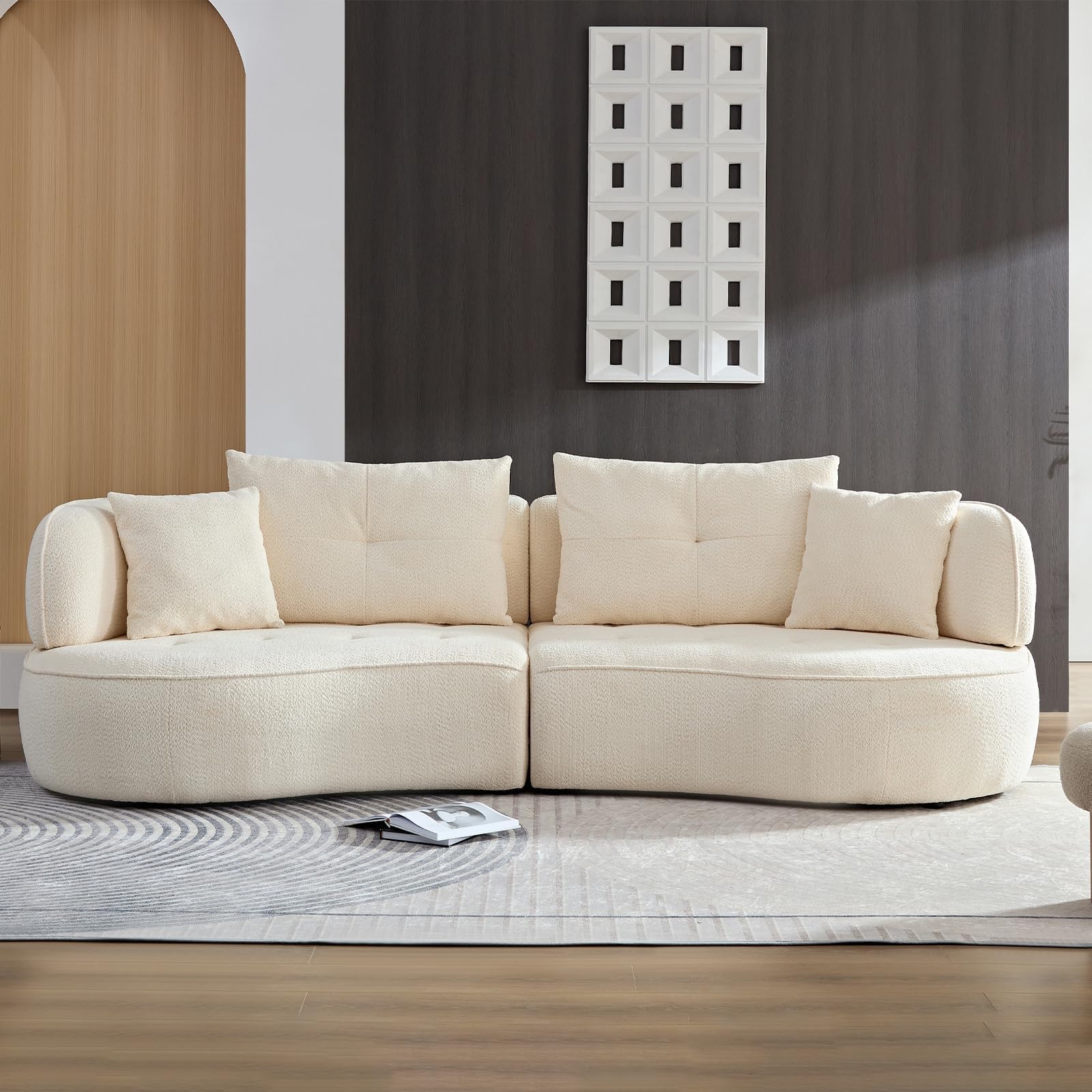M MEETAKING 109'' Modern Curved Sofa Couch,Upholstery Boucle Sofa Couch with Pillows, Sectional Sofa Couch for Living Room, Bedroom, Dining Room, Den, Office, Guestroom (White)