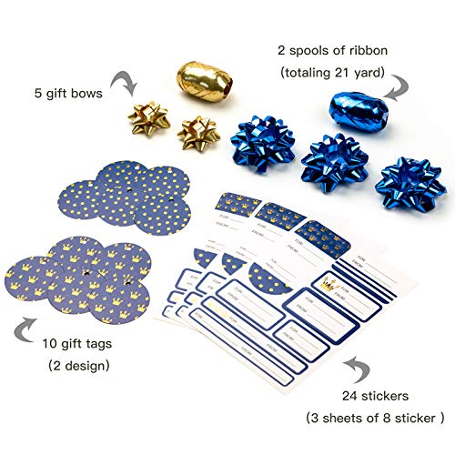 MAYPLUSS Wrapping Paper Set - Mini Roll with Bow & Ribbon & Gift Tags & Stickers - 17 inch X 120 inch Per roll - Royal Blue Design (42.3 sq.ft.TTL)