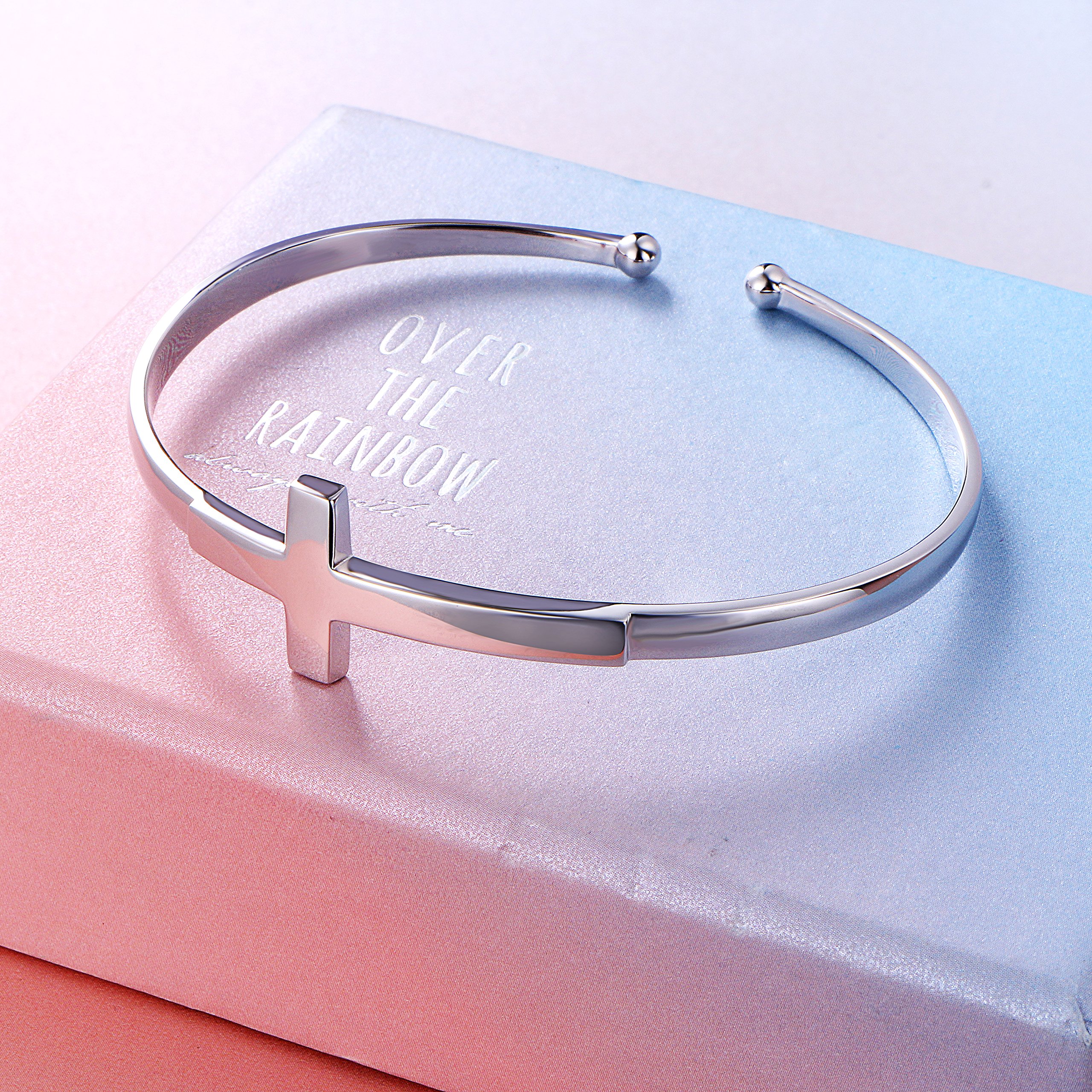 DAOCHONG S925 Sterling Silver Engraved Faith Hope Love Inspirational Cuff Cross Bangle for Women Sister