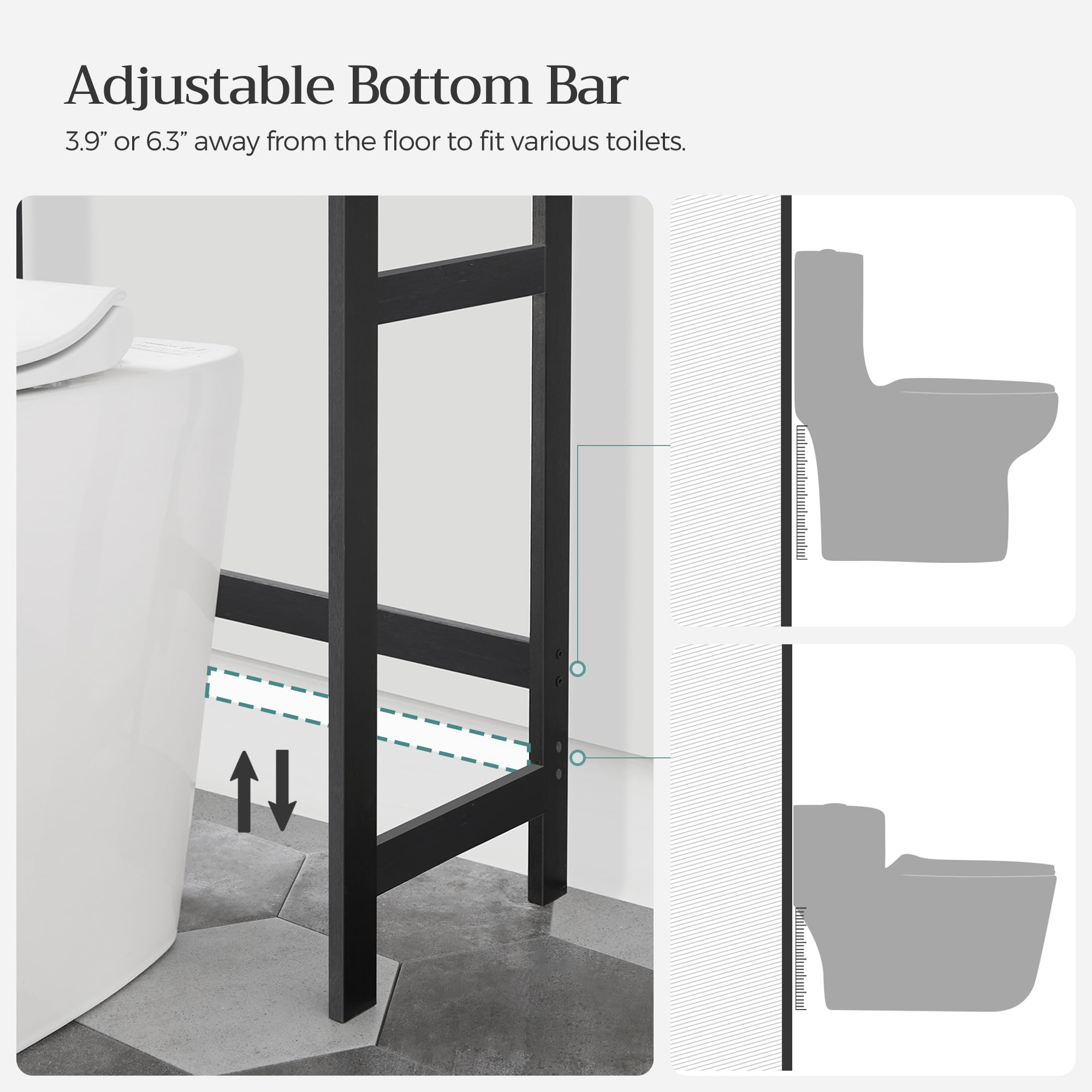 SONGMICS Over-The-Toilet Storage, 3-Tier Bathroom Organizer Over Toilet with Adjustable Shelves, Hooks, Bamboo, Freestanding Space Saver Bathroom Shelves, Rustic Brown and Ink Black UBTS012B01