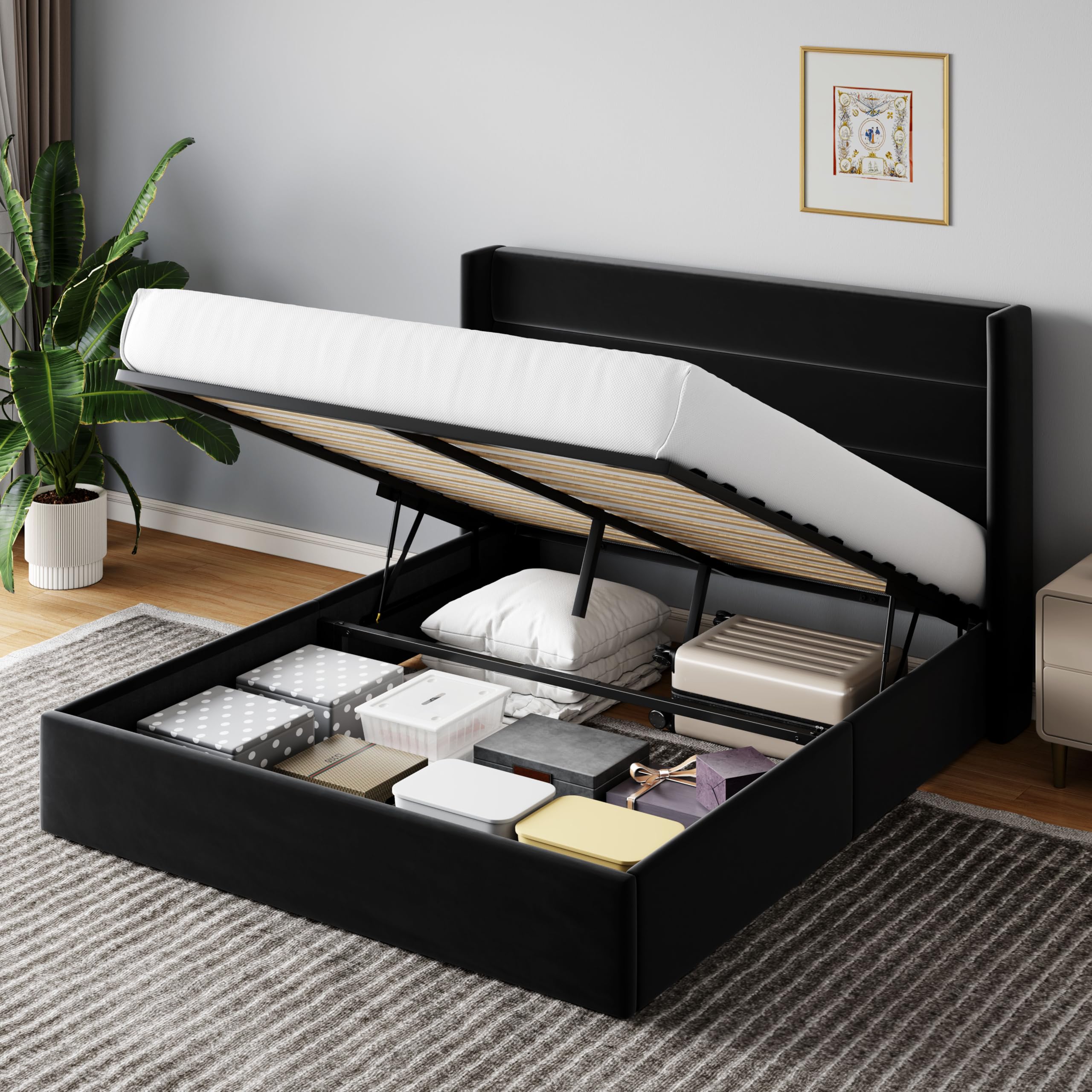 HOOMIC Queen Size Lift Up Storage Bed with Wingback Headboard/Velvet Upholstered Platform Bed Frame/Heavy-Duty Hydraulic Bed/Large Underneath Storage/Strong Wooden Slats Support/Noise-Free/Black