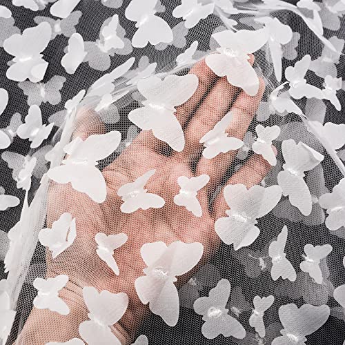 URROMA Embroidery Butterfly Lace Fabric, 3D Butterfly Lace Fabric Mesh Tulle lace for DIY Wedding Dress Costume Accessories Veil Home Decor (White, 1 Yard)