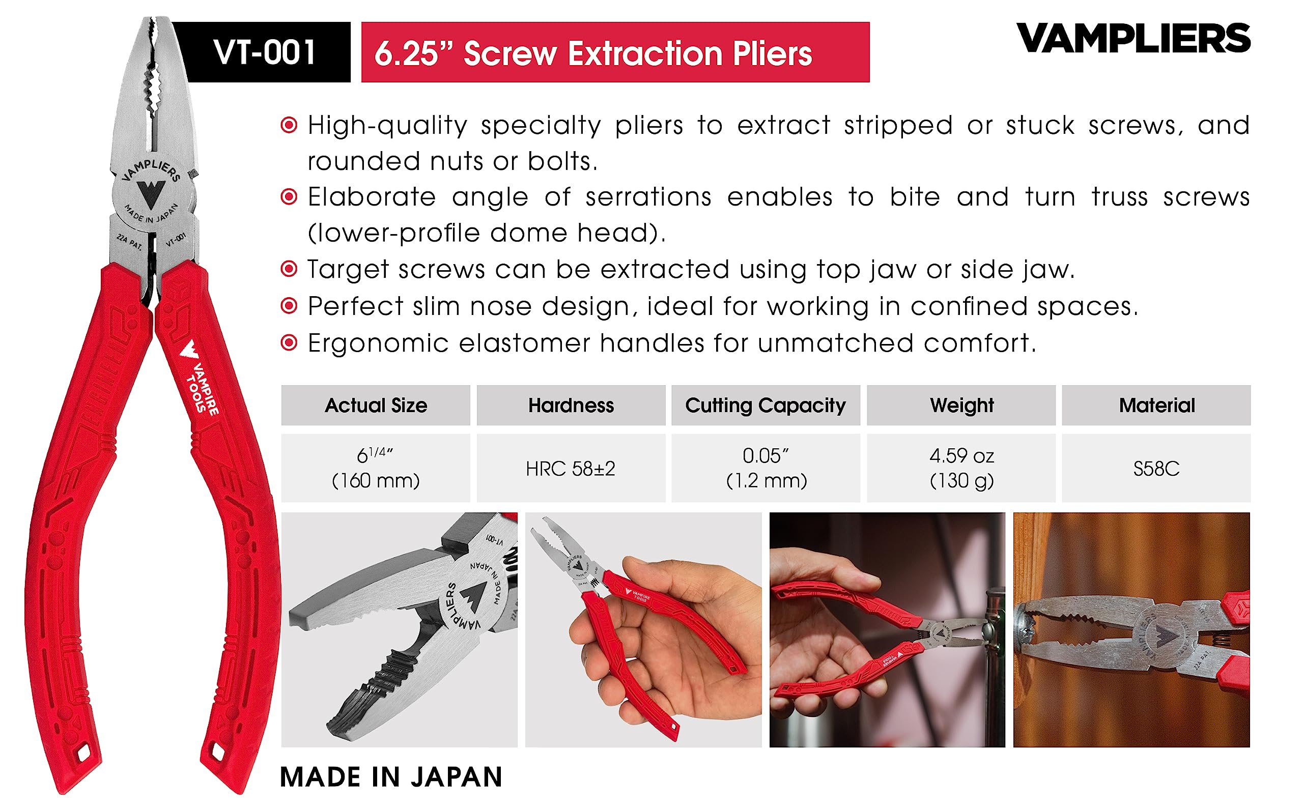 VAMPLIERS 4-Piece Stripped Screw Extractor Pliers Set. Made in Japan: 8" Linesman, 7.5" Long Nose, 6.25" Multipurpose & 5" ESD Safe Pliers. Remove any Stripped/Damaged/Rusted Screws.