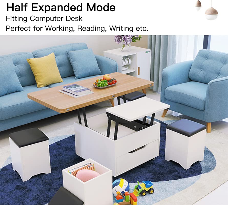 PIAQIA Convertible Folding Dining Table Set for 8, Multifunctional Lift Top Coffee Table with 4 Storage Ottoman, Space Saving Extendable Table for Compact Living Space, 47.2" Width