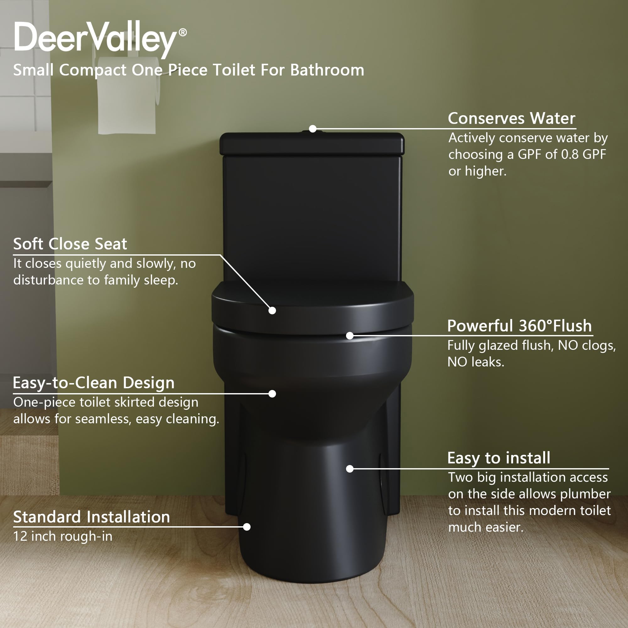 DeerValley DV-1F52812 Compact One Piece Toilet, Small Modern Dual Flush Toilet, Powerful & Quiet, 12'' Rough In Toilet & Dual Flush 0.8/1.28 GPF and MAP 1000g, White