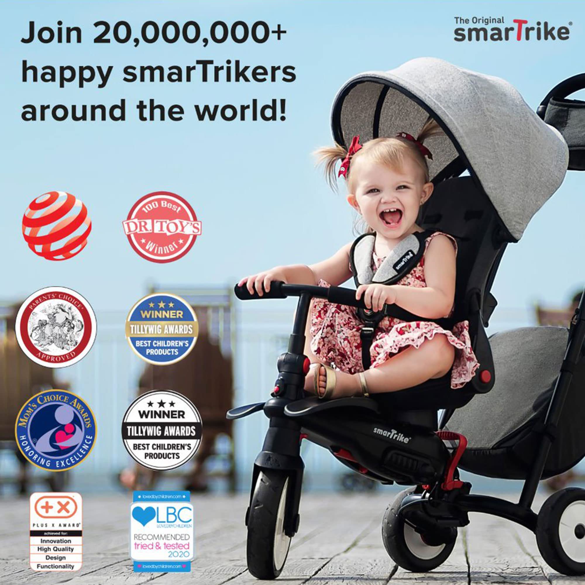 smarTrike Kids Adjustable Tricycle Push Bike Trike Ride On Toy with Parent Control Button for Toddler Ages 15 Months to 3 Years, Red