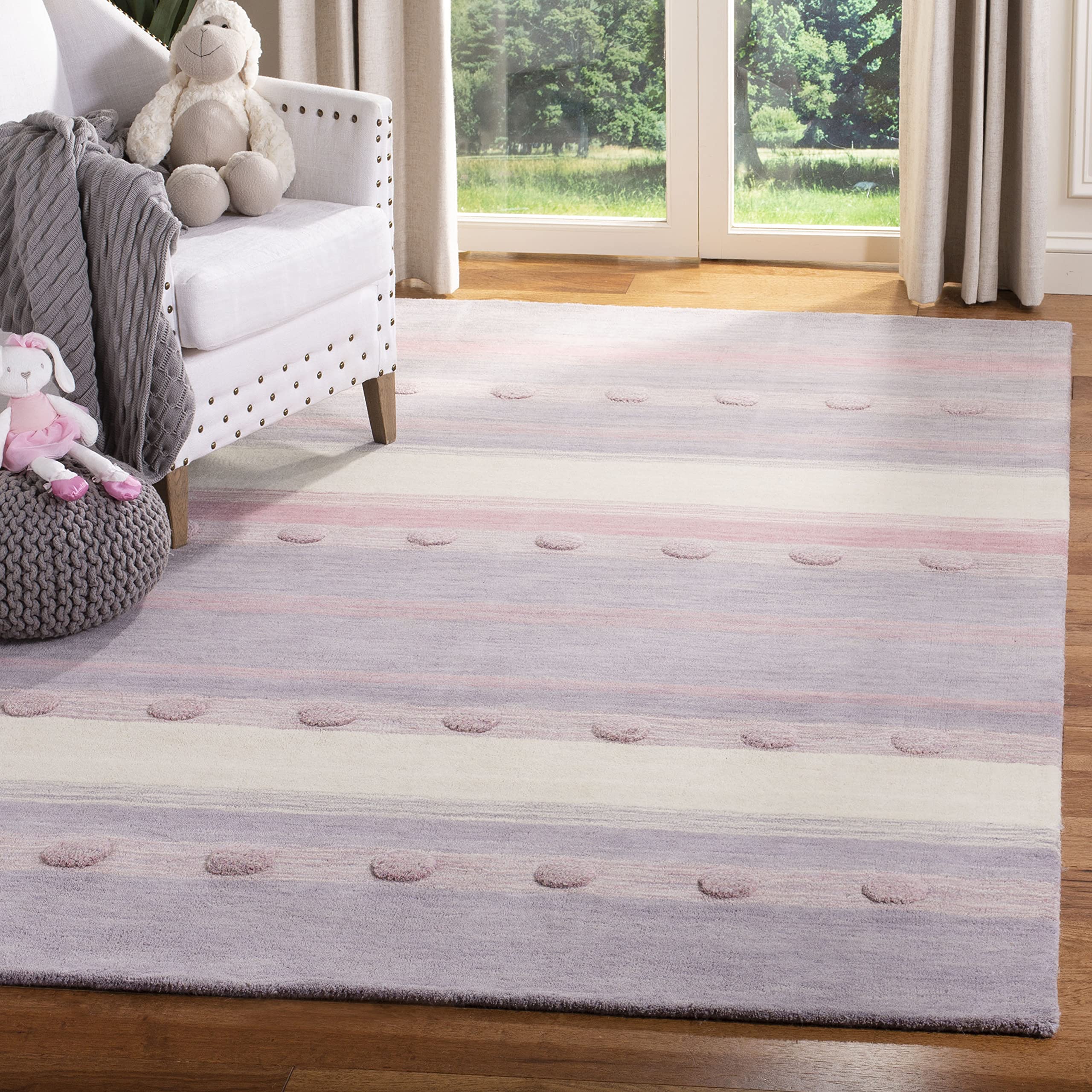 SAFAVIEH Kids Collection Area Rug - 5' x 8', Light Purple & Ivory, Handmade Stripe Wool, Ideal for High Traffic Areas in Living Room, Bedroom (SFK801V)