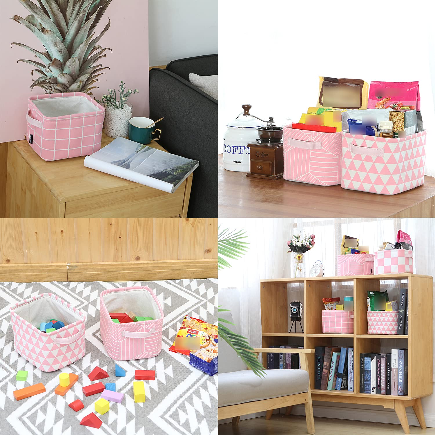 Sea Team Foldable Mini Square New Pink and White Geometric Theme 100% Natural Linen & Cotton Fabric Storage Bins Storage Baskets Organizers for Shelves & Desks - Set of 4 (Pink)