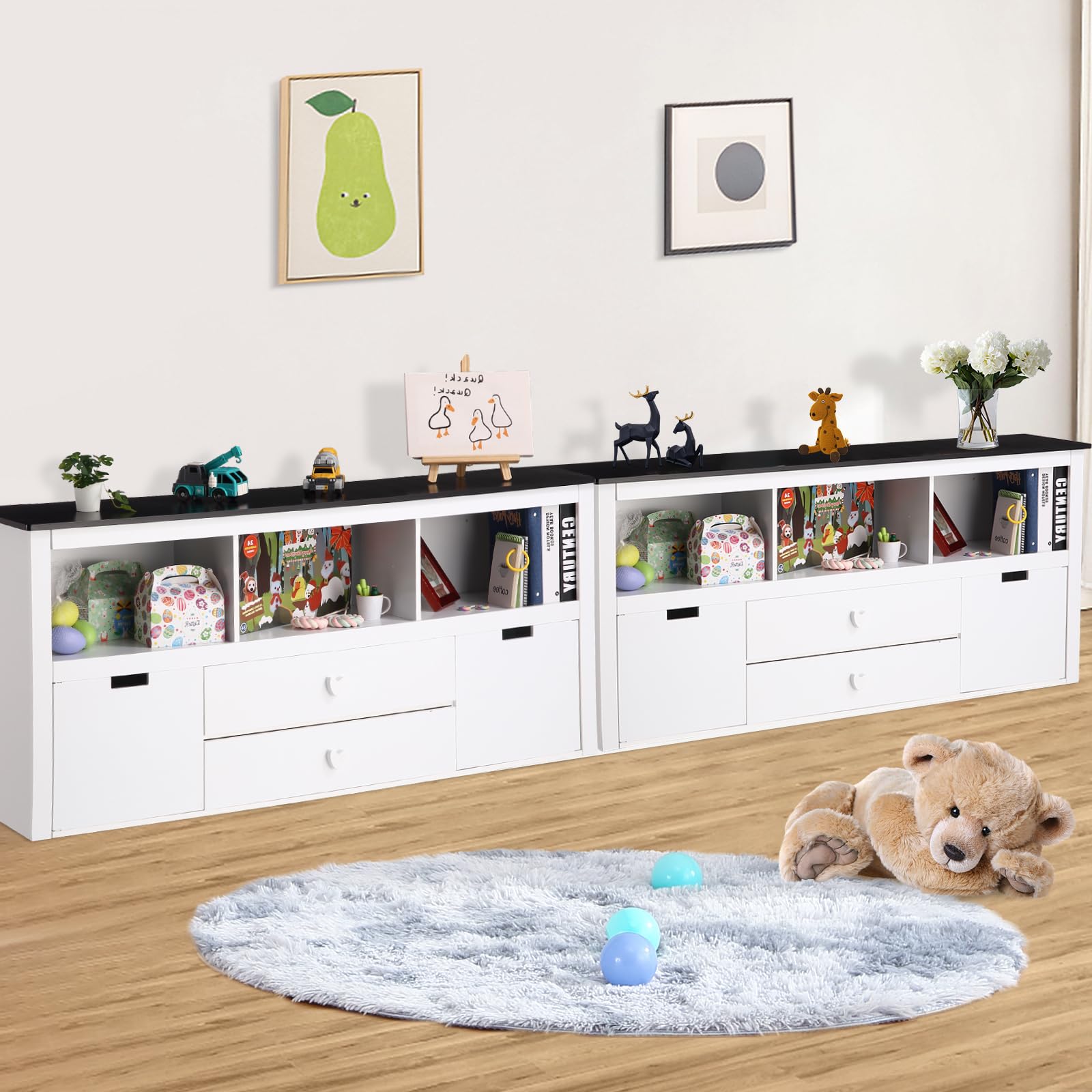 HobbyField Kids Toy Storage Organizer with with 2 Drawers,Toy Storage Organizer with Bookshelf,Movable Drawers & Blackboard Top for Boys Girls Toddler Classroom Bookcase for Bedroom,Playroom,Nursery