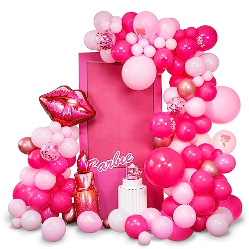 SANERYI Pink Balloon Garland Arch Kit 147pcs for Girls Birthday Party Supplies Set Red Lips and Lipstick Foil Mylar Kiss Balloons for Makeup Valentines Wedding Backdrop Decor