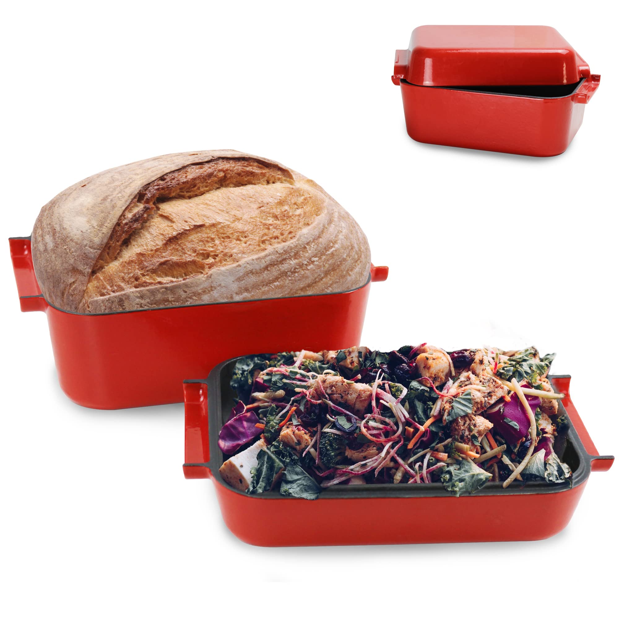 Fercienda 2 in 1 Enameled Cast Iron Pan, 3.5 Quart Double Dutch Oven Set and Rectangle 1.8 Quart Skillet Lid, Use as Loaf Pan or Bread Pan,Cherry